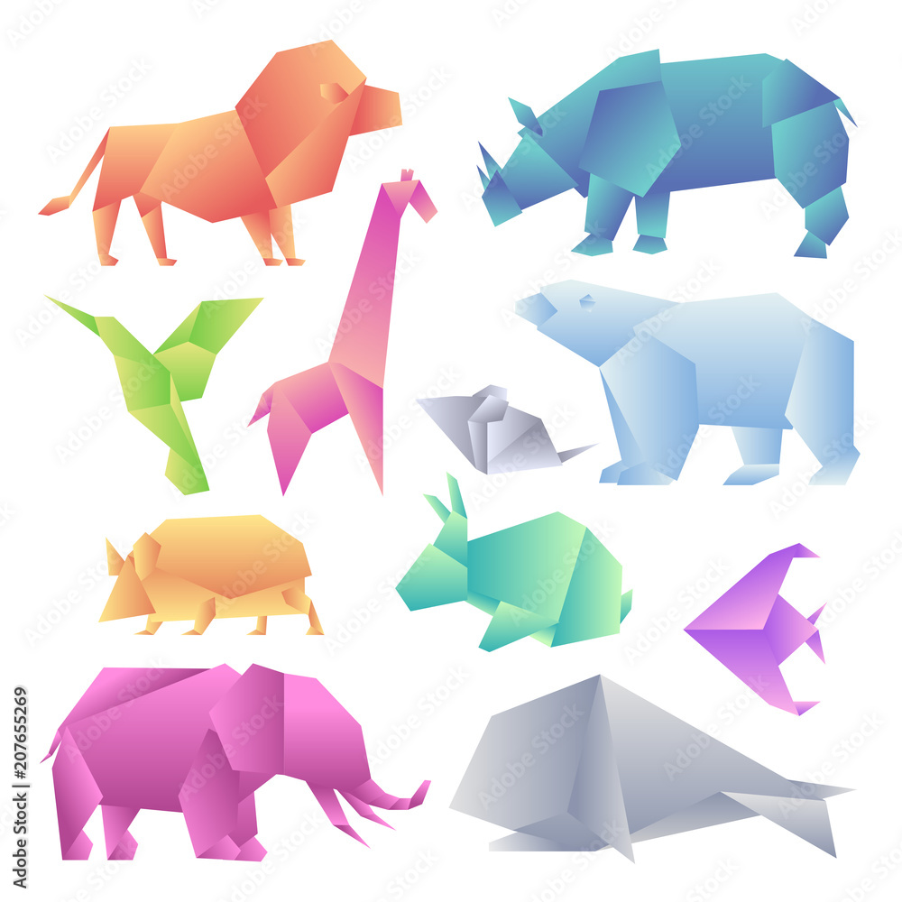 Low poly modern gradient animals set. Origami gradient paper animals ...