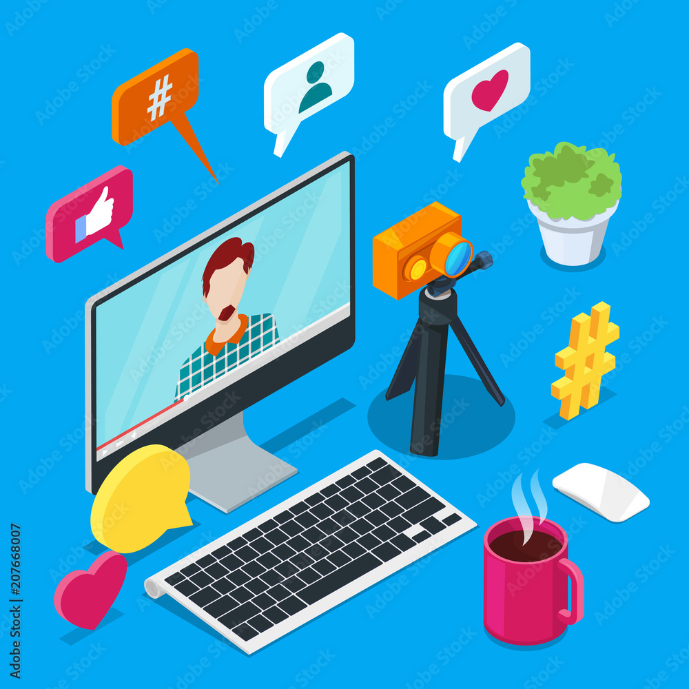 Blogging and social media content creation. Photo or video blog vector ...