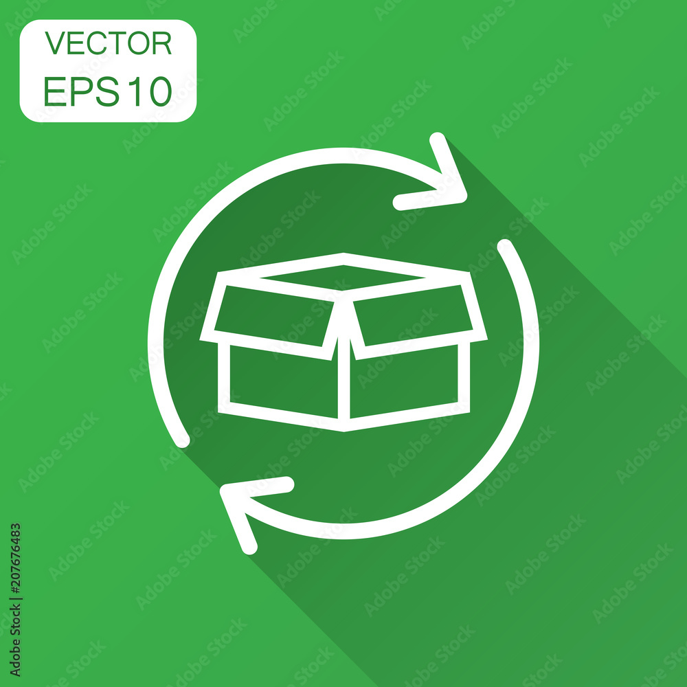 Box package return icon in flat style. Delivery box with arrow ...