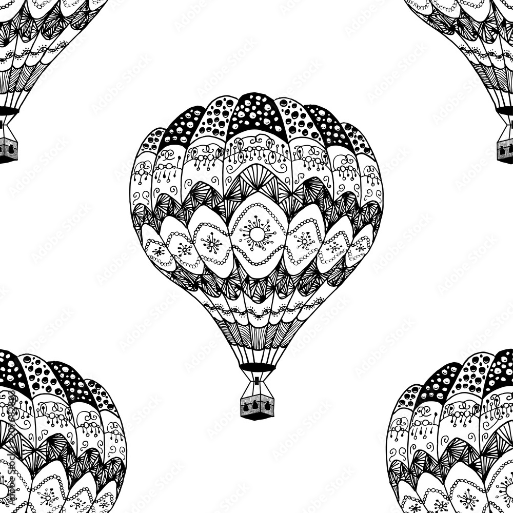 Vector seamless pattern of hot air balloon in zentangle style. Coloring ...