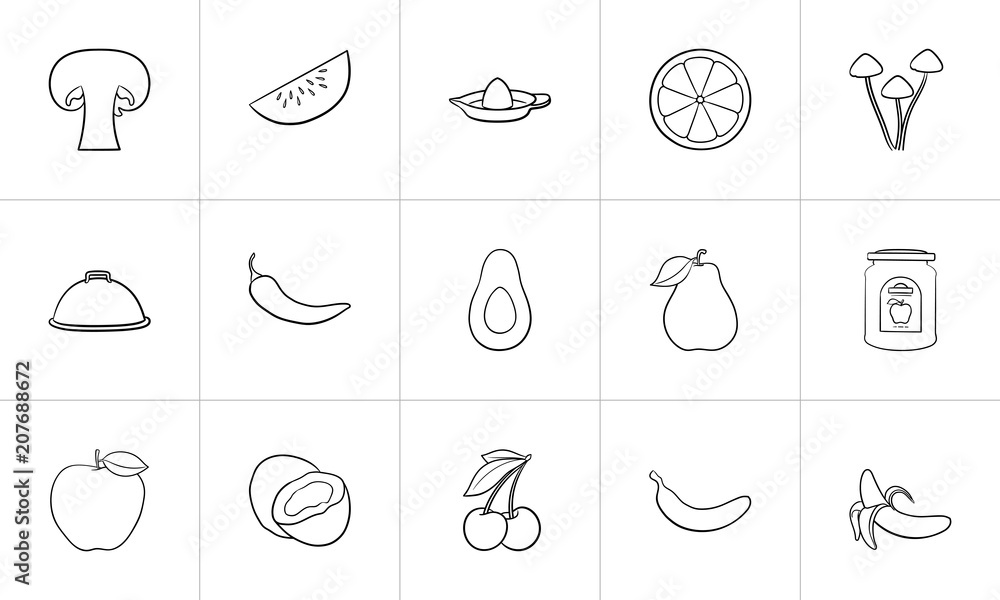 Healthy food hand drawn outline doodle icon set for print, web, mobile ...