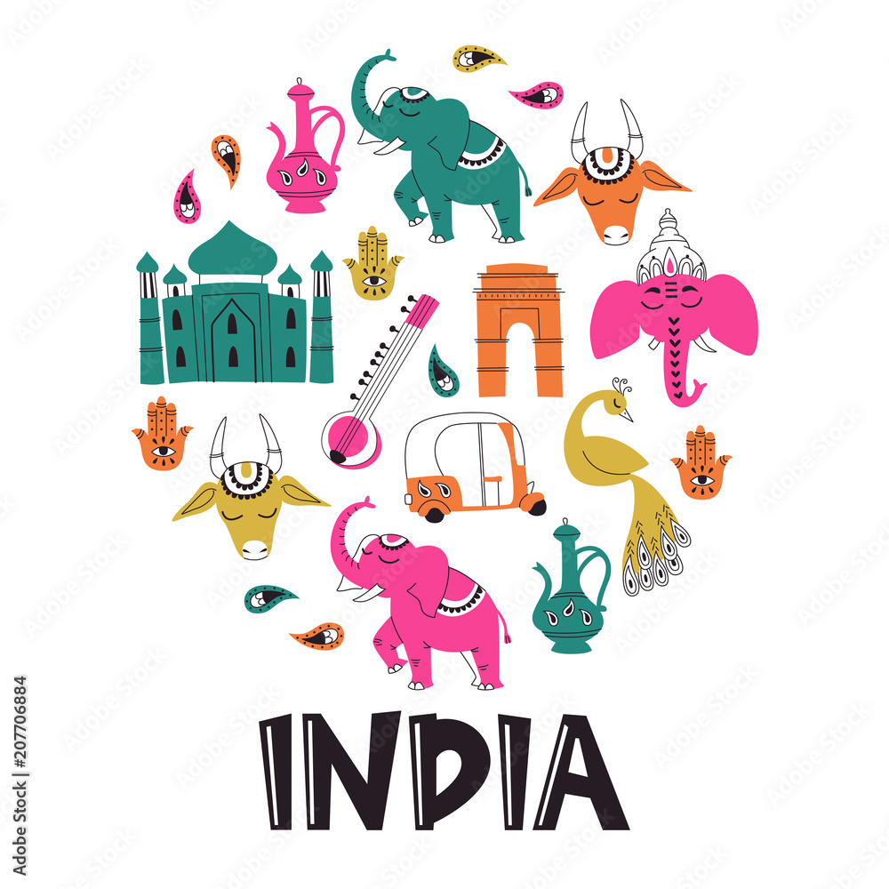 Hand Drawn Set of Indian Doodle Symbols Isolated on White. Stock Vector ...