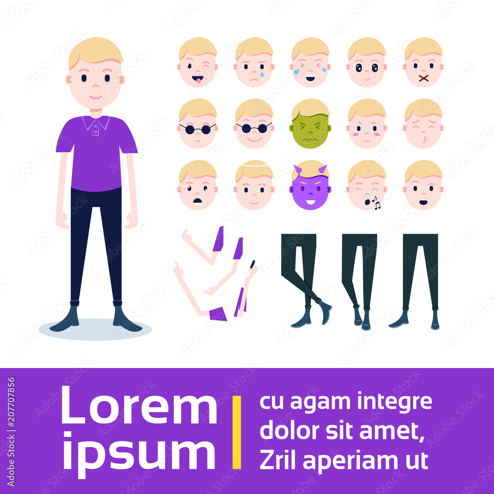 boy character constructor set of various male emotion faces, hands ...