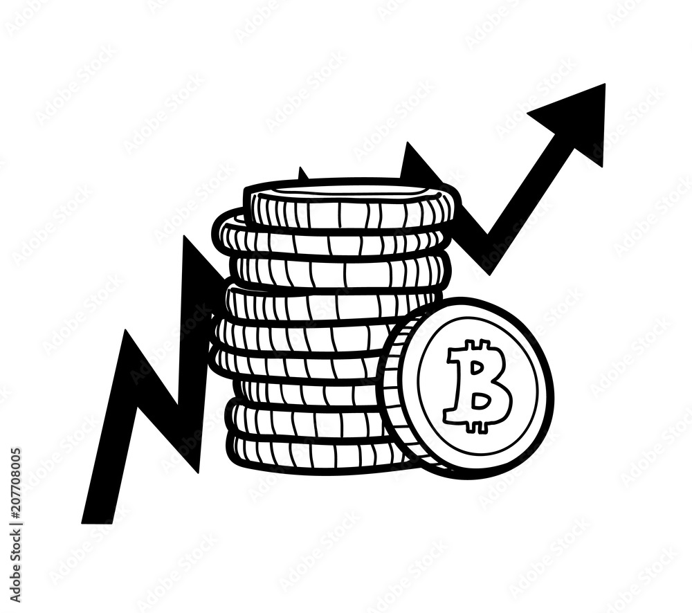 Stack of Bitcoin Coins With Arrow Chart Doodle, a hand drawn vector ...