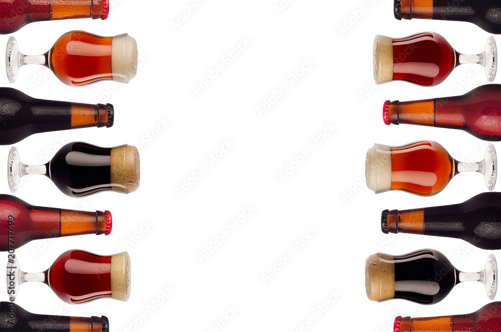 Decorative art border of beer in bottles and wineglass with foam ...