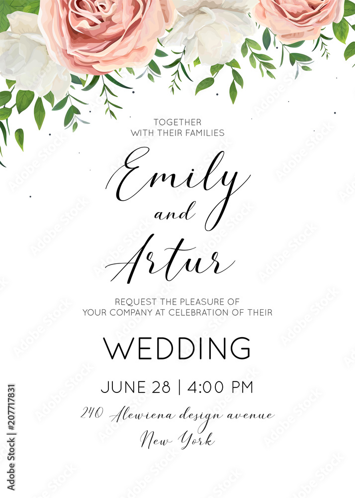 Wedding invitation floral invite card Design with creamy white garden ...