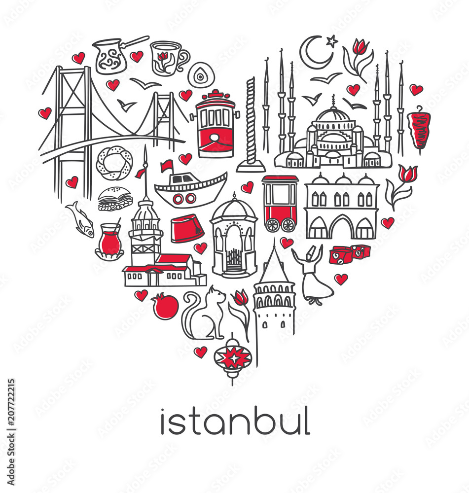 Hand drawn vector illustration Istanbul of famous turkish symbols in ...
