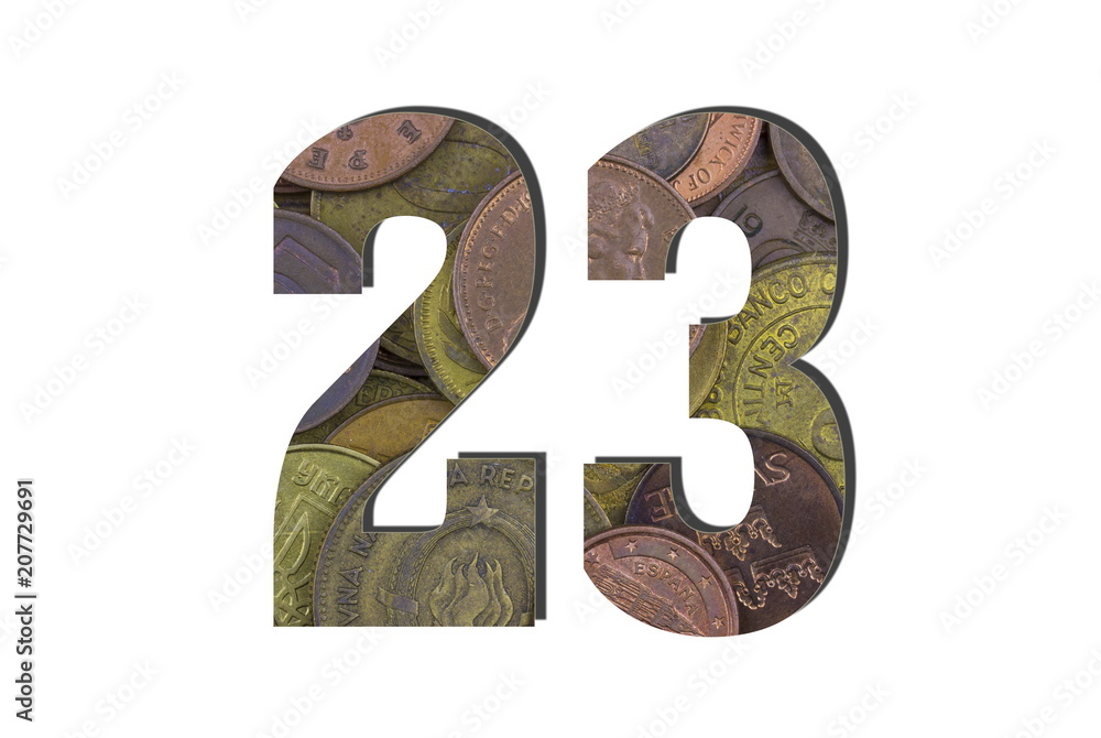 23 Number. Different worlds coins texture. Percent and Discount theme ...