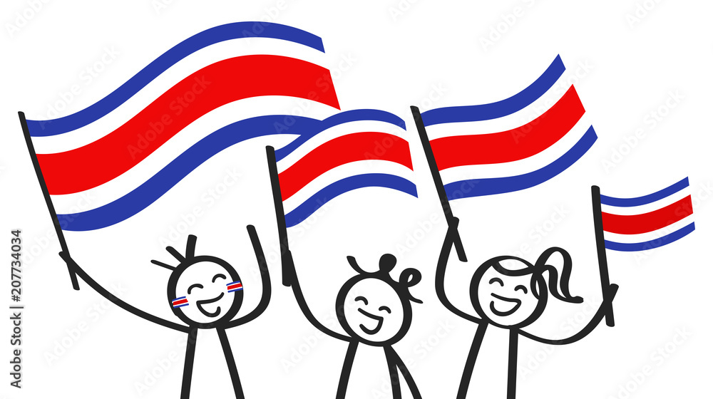 Cheering group of three happy stick figures with Costa Rican national ...