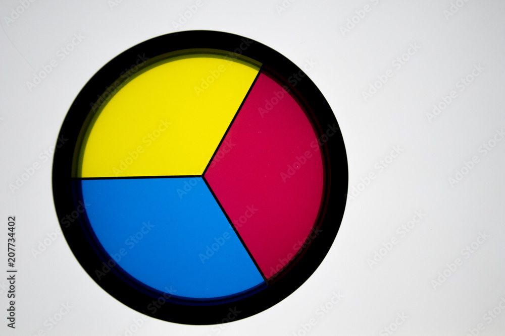 Disk with 3 primary colors, (yellow, blue and red) on a white ...