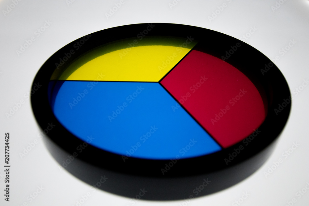Disk with 3 primary colors, (yellow, blue and red) on a white ...