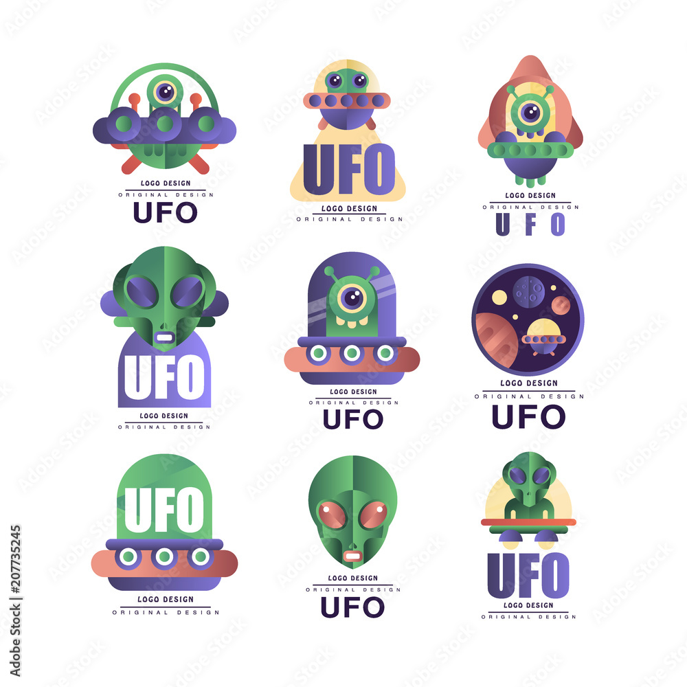 Ufo logo original design set, emblem with alien and saucer vector ...