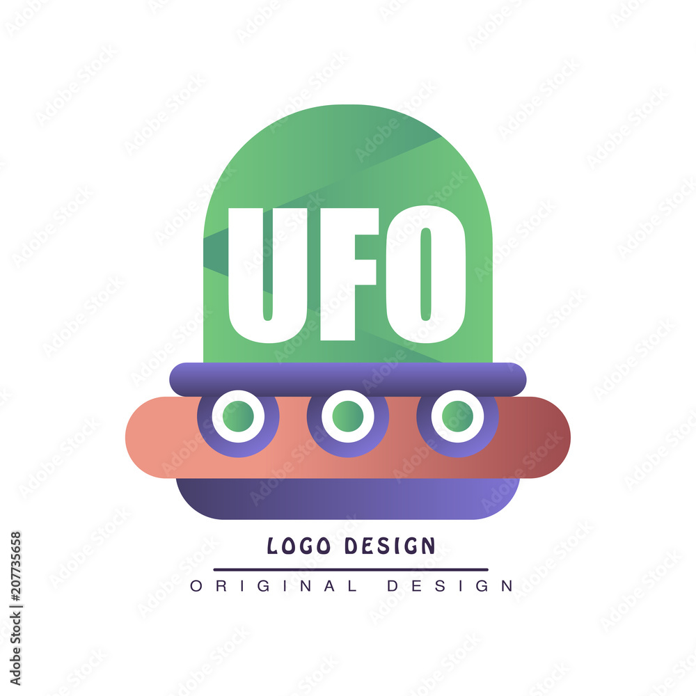 Ufo logo design, label with flying saucer vector Illustration on a ...