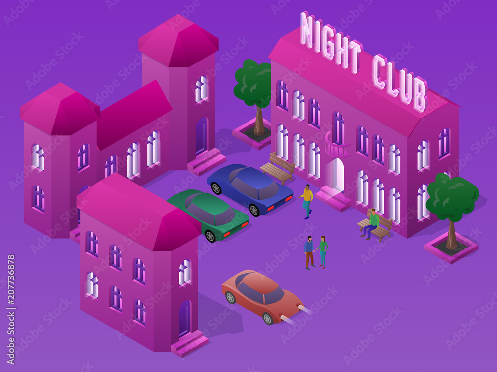 Isometric night club party with buildings, cars, people, benches and ...