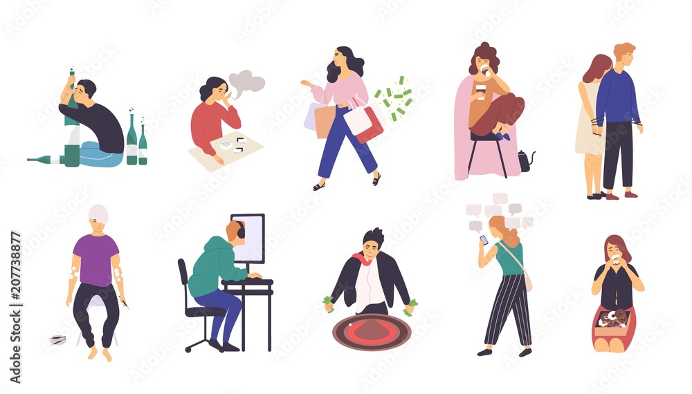 Collection of people with various addictions. Bundle of male and female ...