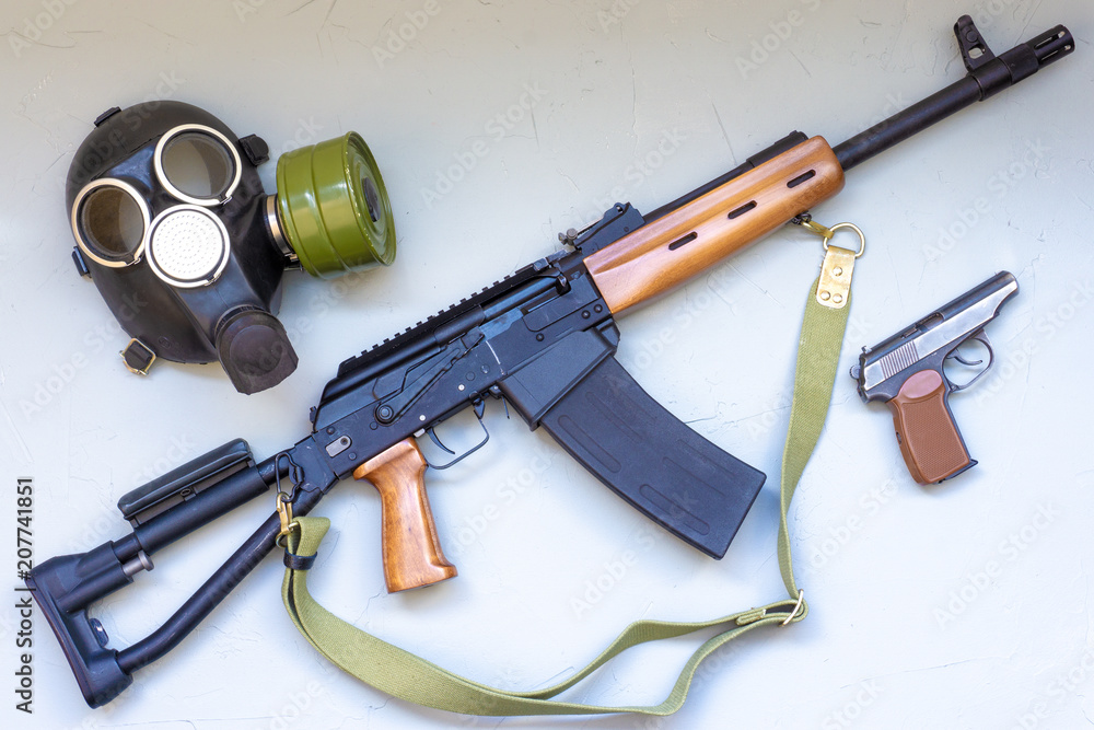machine gun carbine pistol gas mask Stock Photo | Adobe Stock