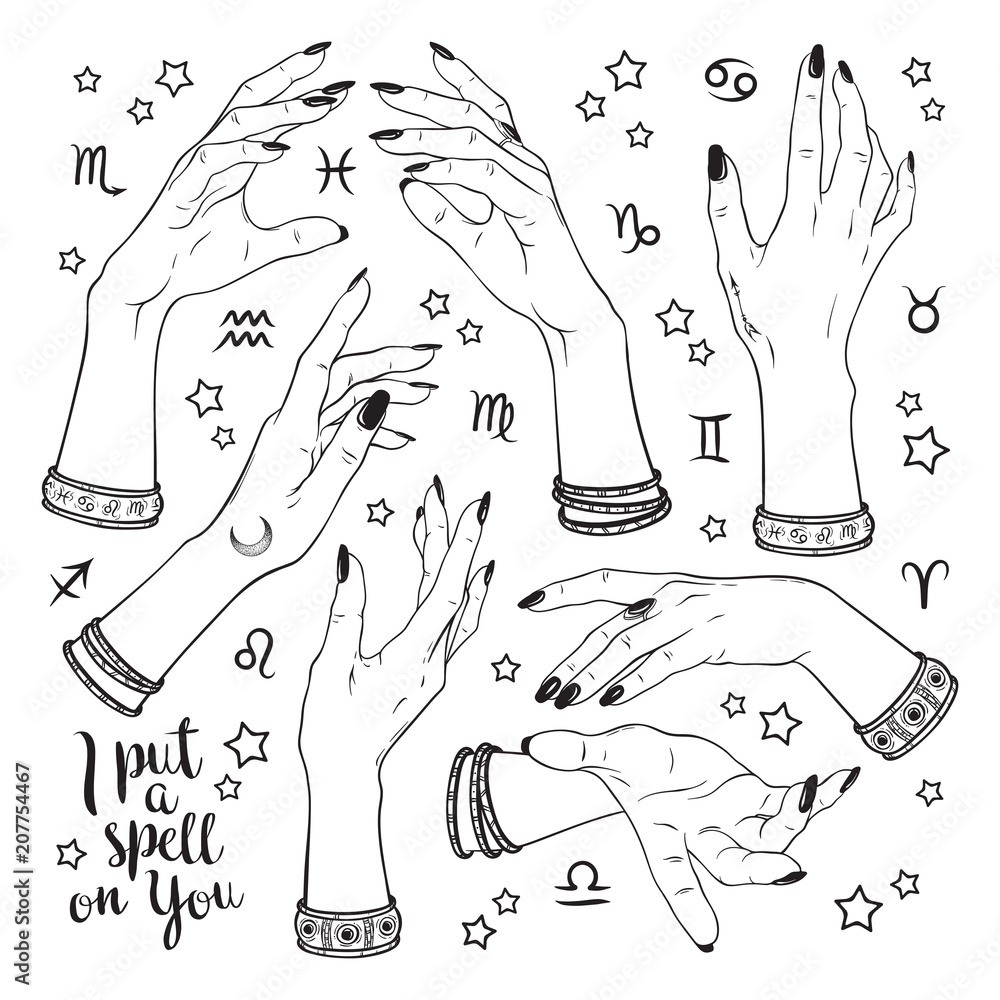 Hand drawn set of female witches hands in different poses. Flash tattoo ...