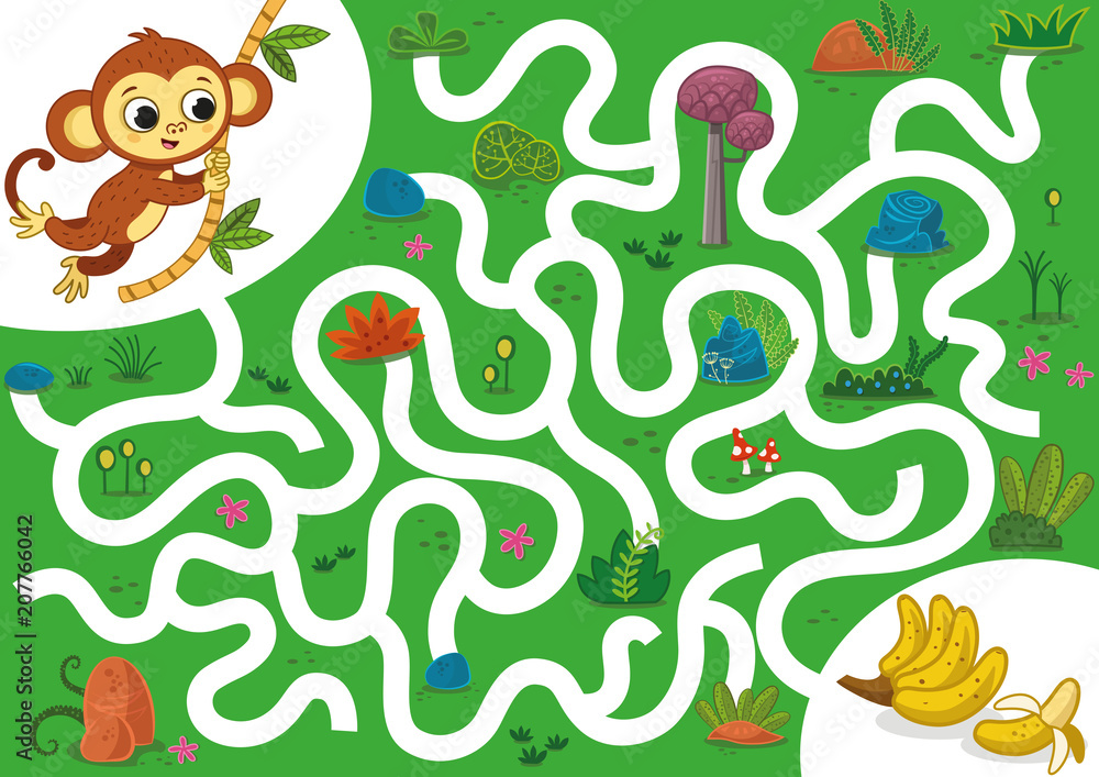 Help the monkey to reach bananas. Vector illustration puzzle game for ...