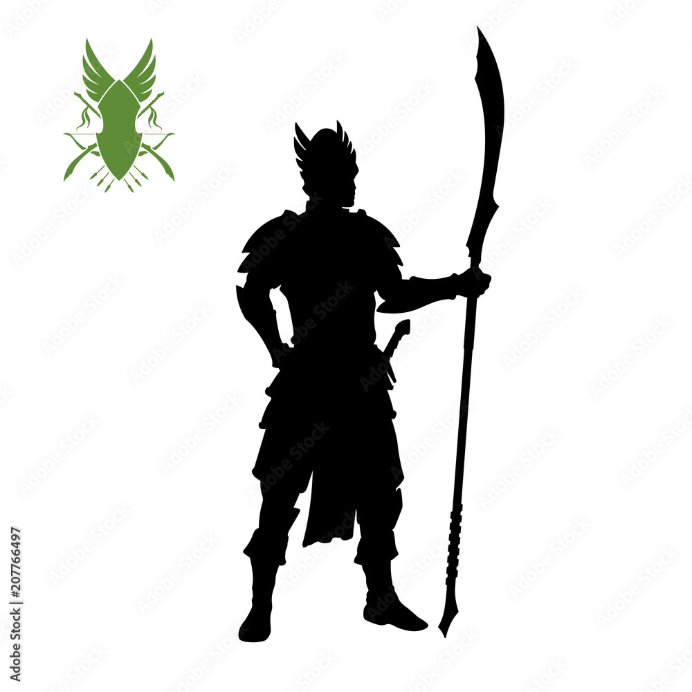 Black silhouette of elven knight with spear . Fantasy character. Games ...