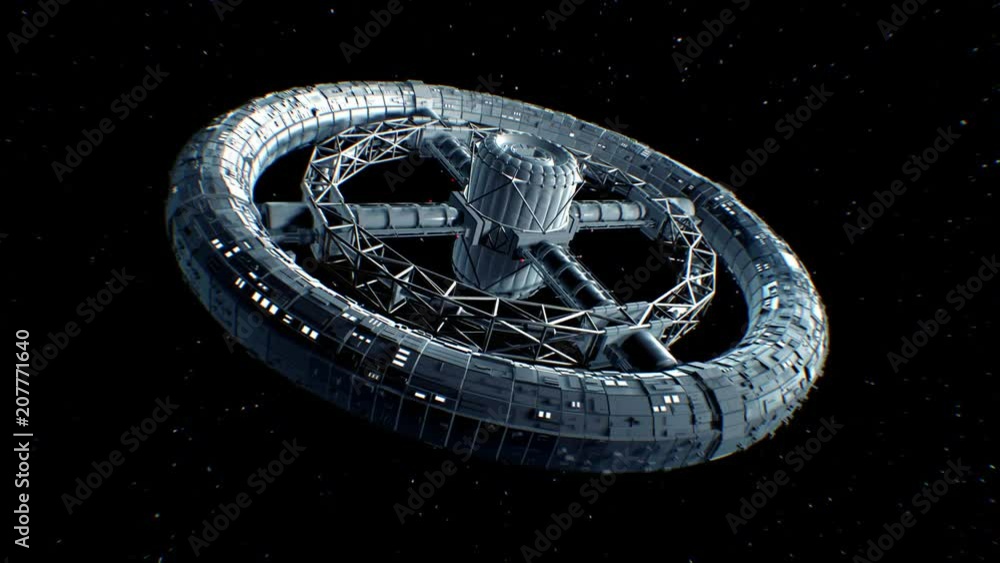 Circular space station. Giant sci-fi torus rotate on stars background ...