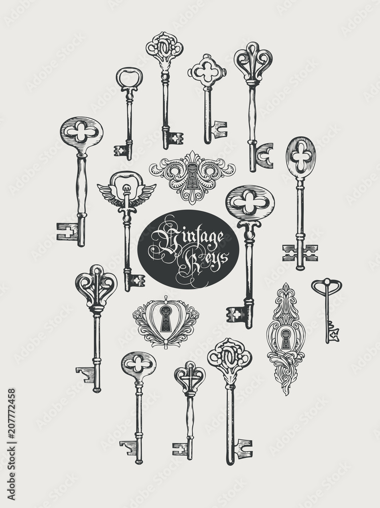 Vector banner with vintage keys, keyholes and lettering in retro style ...