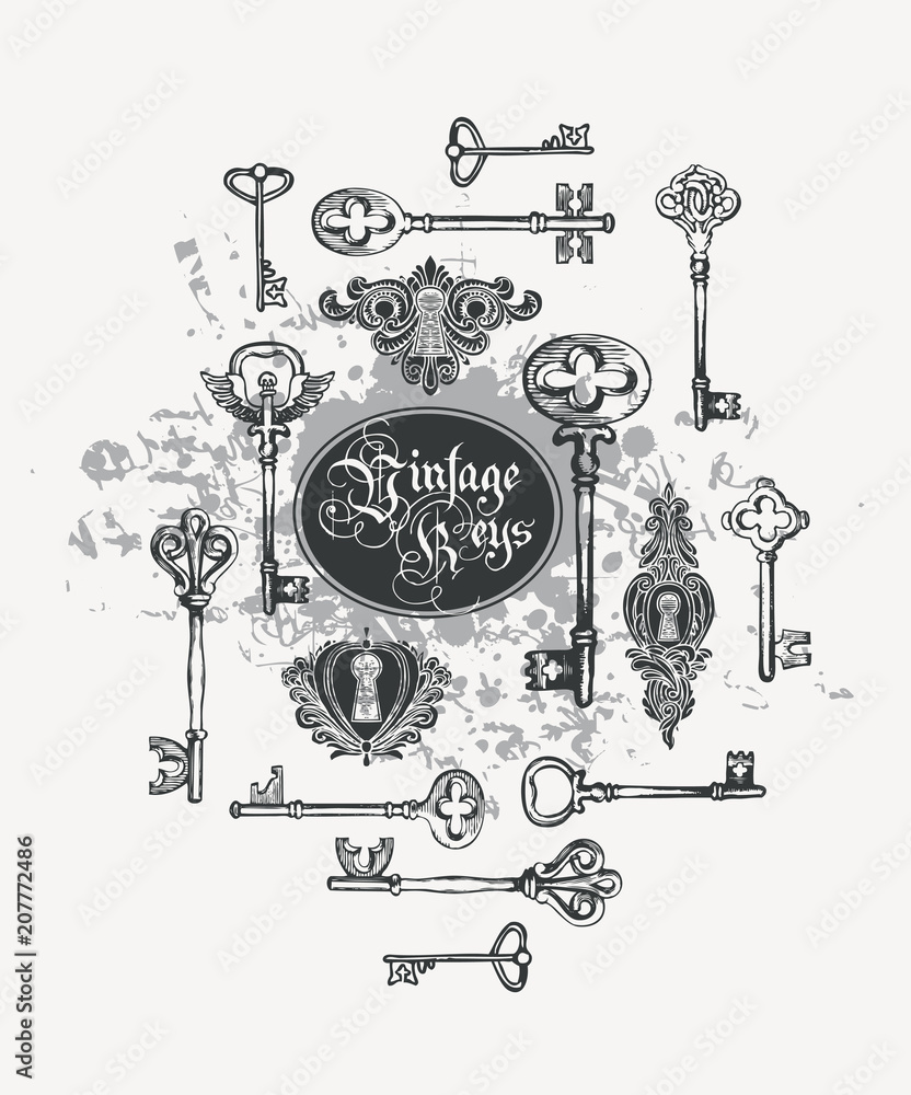 Vector banner with vintage keys, keyholes and lettering in retro style ...