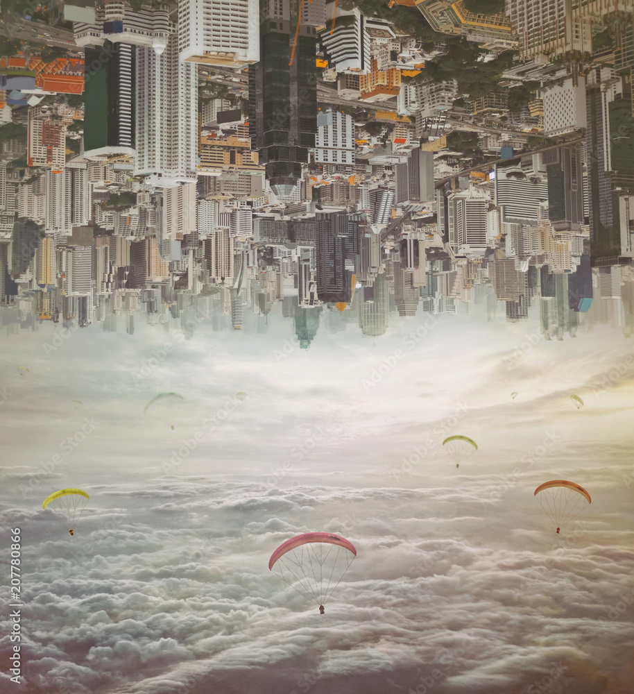 Invert city upside down .Future modern business industry concept: Big ...