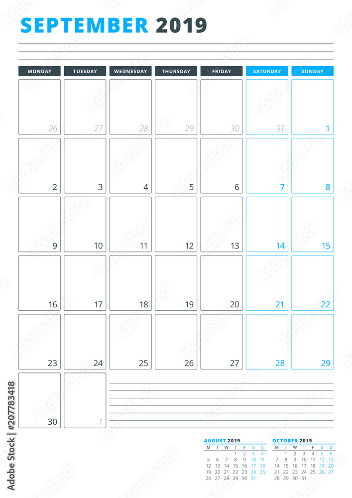 Vetor de Calendar Template for September 2019. Business Planner ...