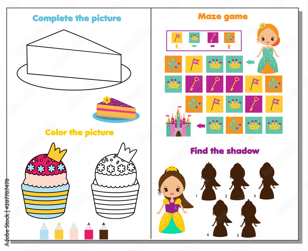 Princess theme activity page for kids. Educational game set for ...