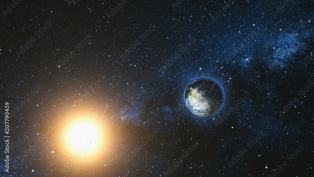 Space view on Planet Earth and Sun Star rotating on its axis in black ...