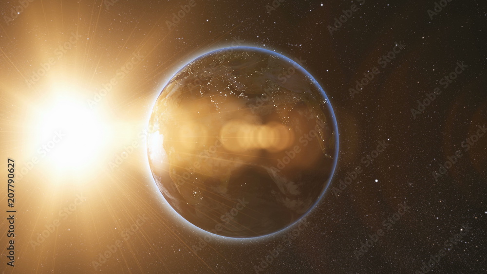 Space view on Planet Earth and Sun Star rotating on its axis in black ...