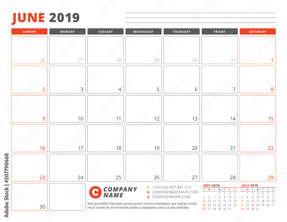 Calendar Template for June 2019. Business Planner Template. Stationery ...