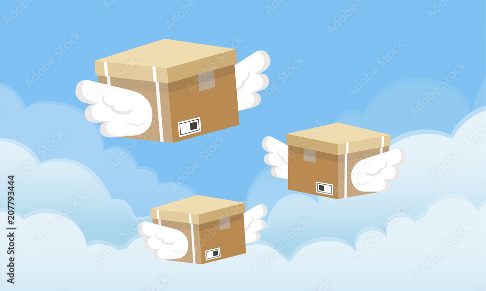 Set of cardboard wing boxes on sky background, fly in the sky. Flat ...