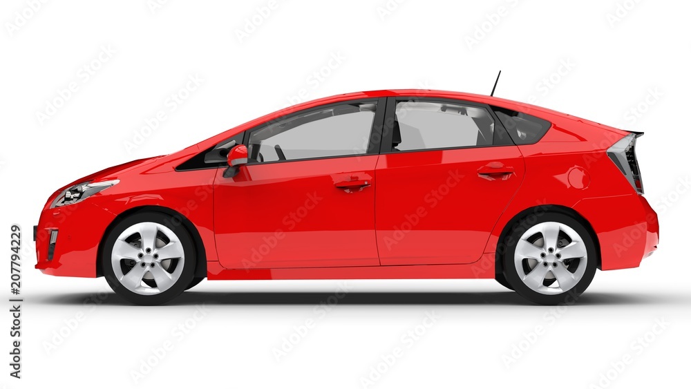 Modern family hybrid car red on a white background with a shadow on the ...