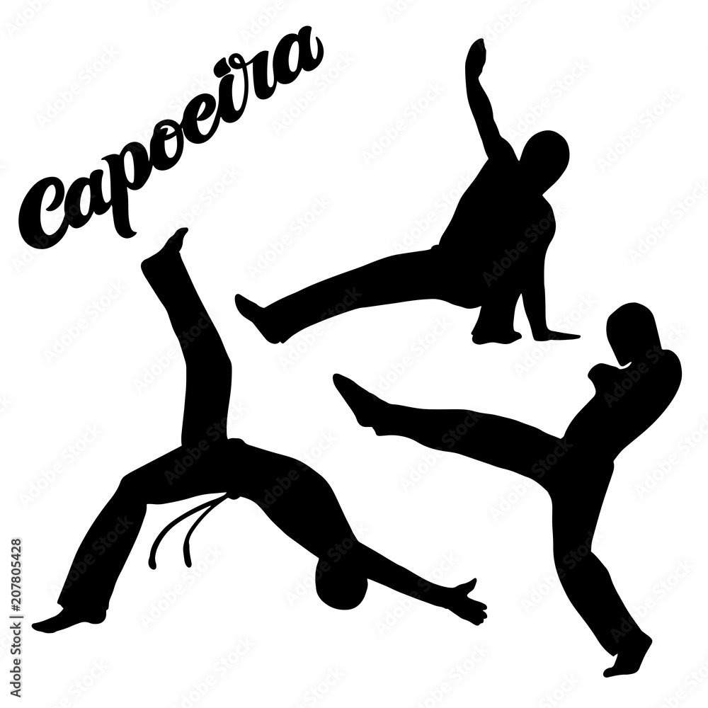 Capoeira lettering and sillouettes of capoeirists, no background. For ...