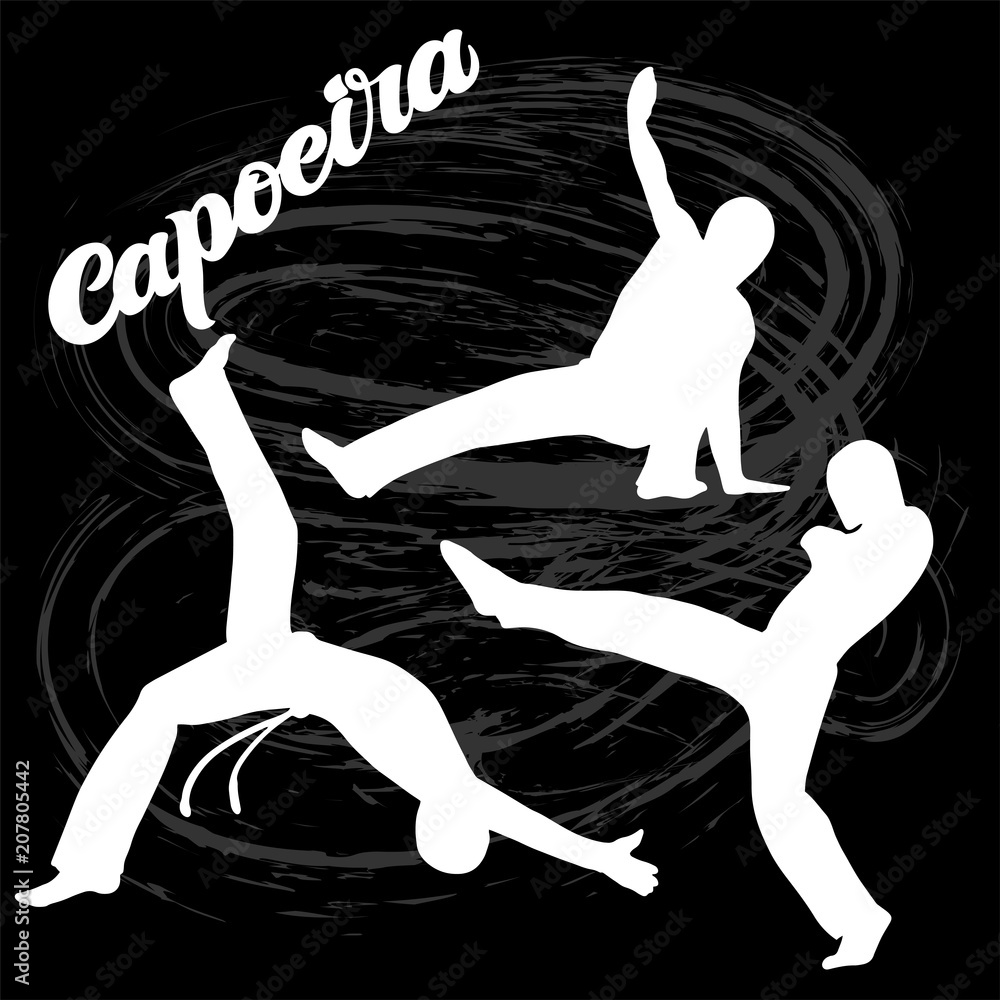 Capoeira lettering and sillouettes of capoeirists, no background. For ...
