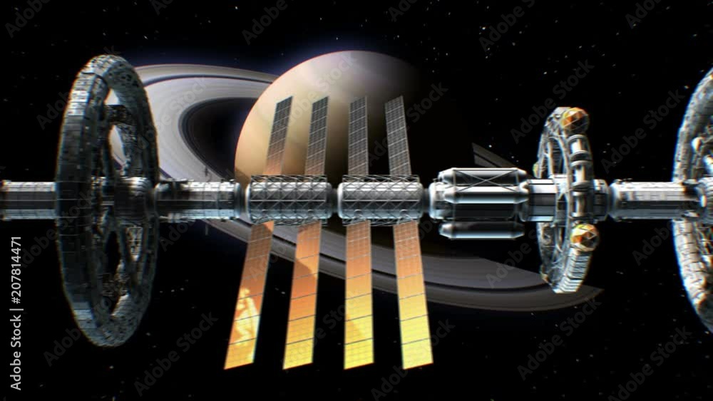 Side view of a giant sci-fi interplanetary spaceship flying on Saturn ...
