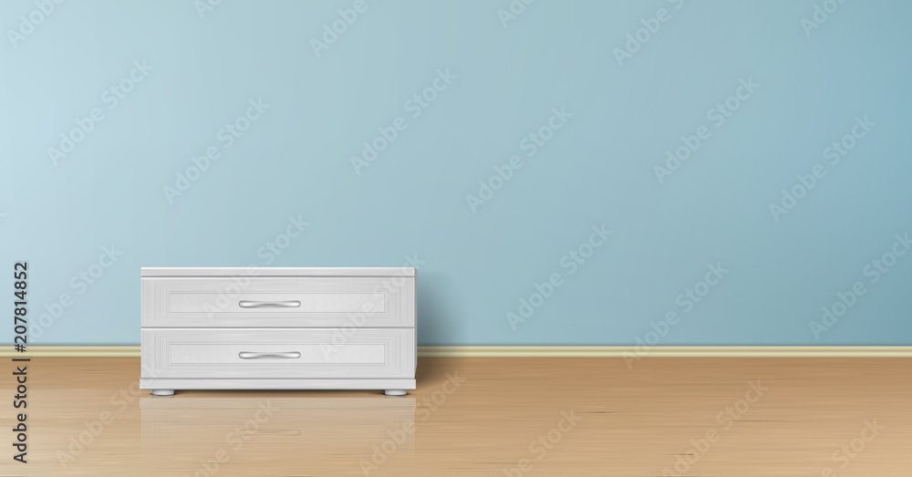 Vector realistic mockup of empty room with flat blue wall, wooden floor ...