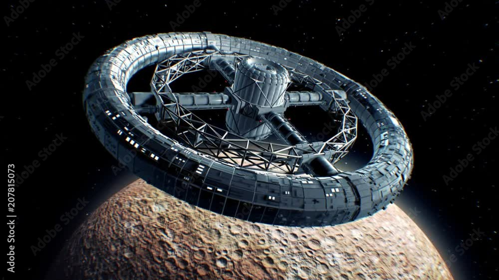 Circular space station. Giant sci-fi torus rotate on Mercury background ...