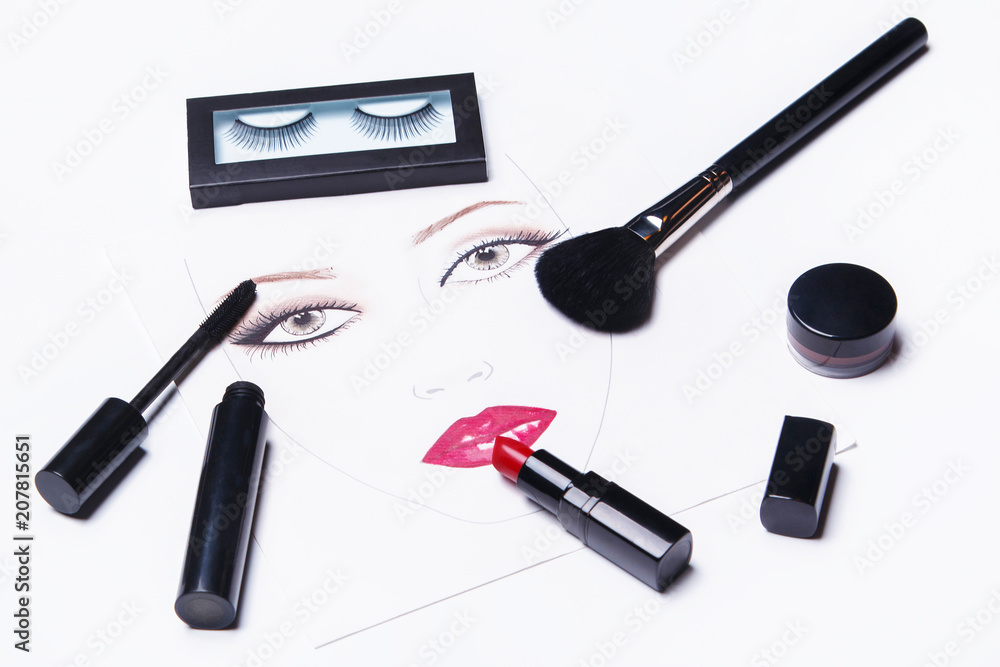 Face chart and different makeup objects and cosmetics Stock Photo ...