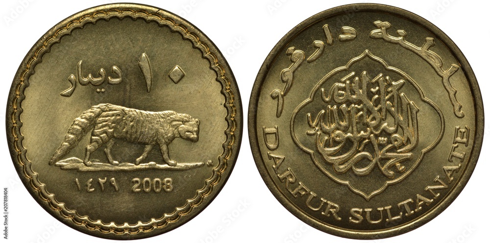 Darfur Sultanate souvenir coin 10 ten dinars 2008, striped hyena, grass ...