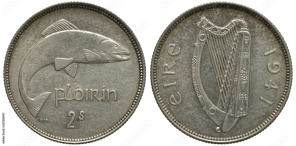 Ireland Irish silver coin 1 one florin 1941, salmon, fish, legend ...