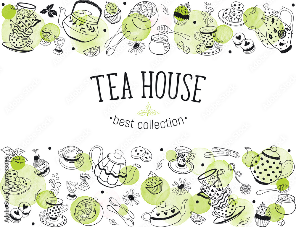 Horizontal border from tea time doodle elements. Teapots, cups ...