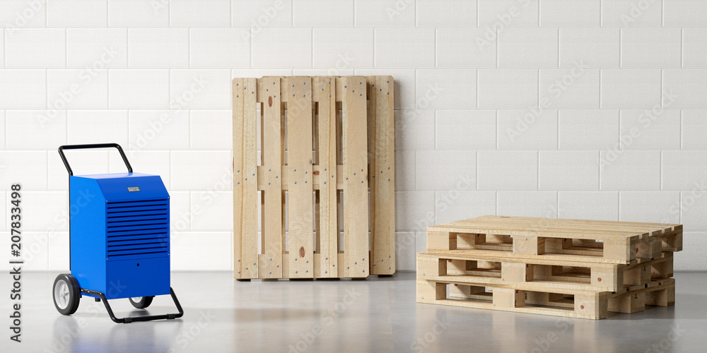 Bautrockner und Holzpaletten stehen in einem Kellerraum vor einer ... Bautrockner und Holzpaletten stehen in einem Kellerraum vor einer ...