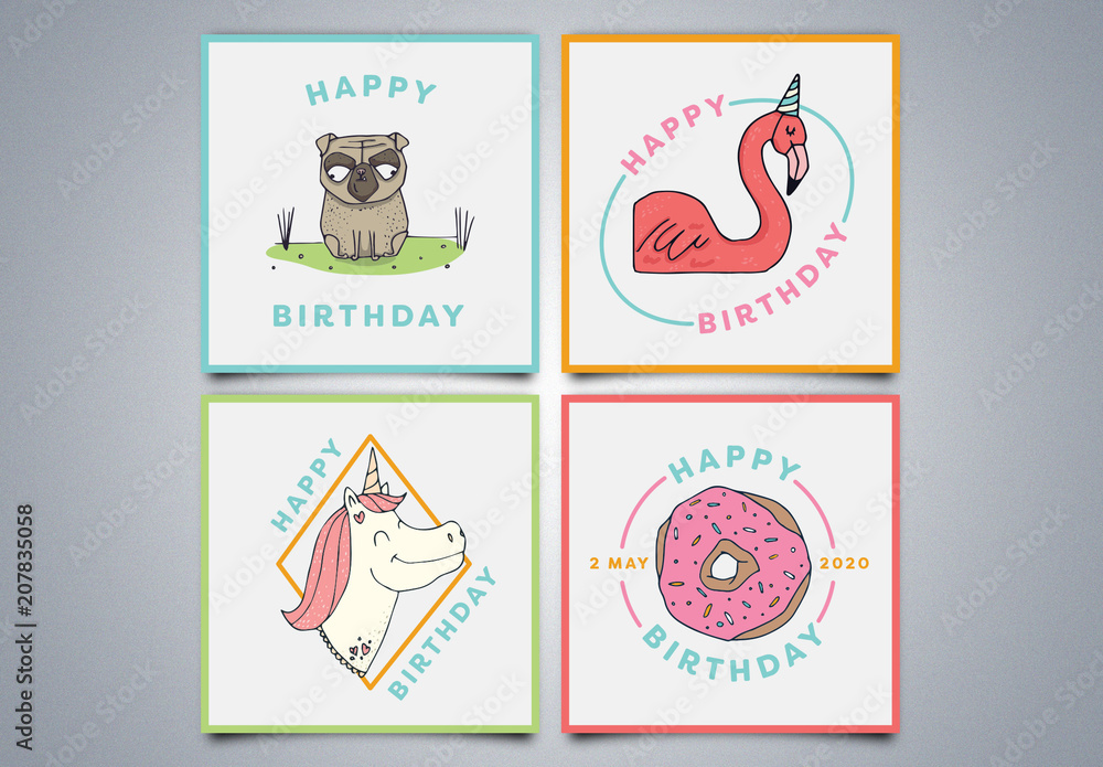 4 Happy Birthday Social Media Post Layouts with Colorful Illustrations ...
