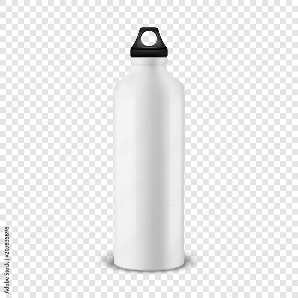 Vector realistic 3d white empty glossy metal water bottle with black ...