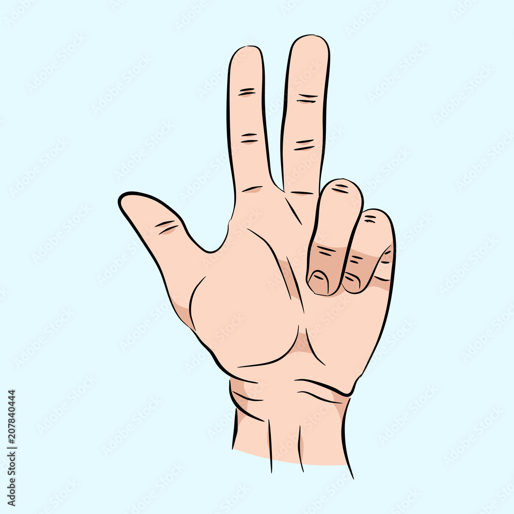 sketch of Hand sign three finger. Vector color illustration isolated on ...