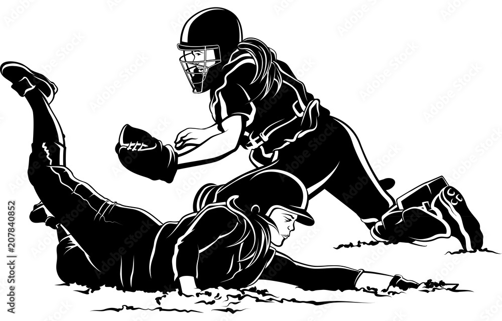 Softball Player Sliding Home Under Tag Stock Vector | Adobe Stock