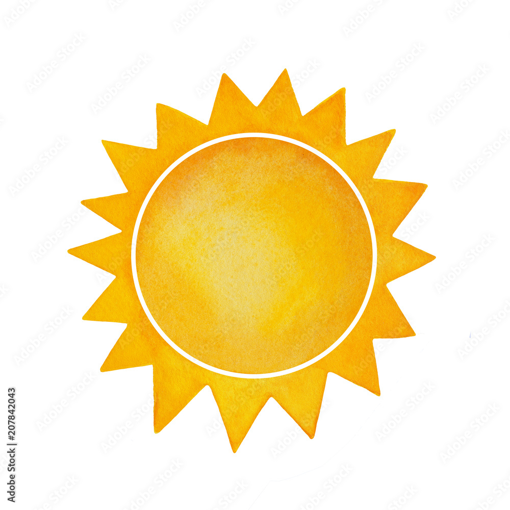Watercolour illusrtration of decorative sun with spiked crown. Symbol ...