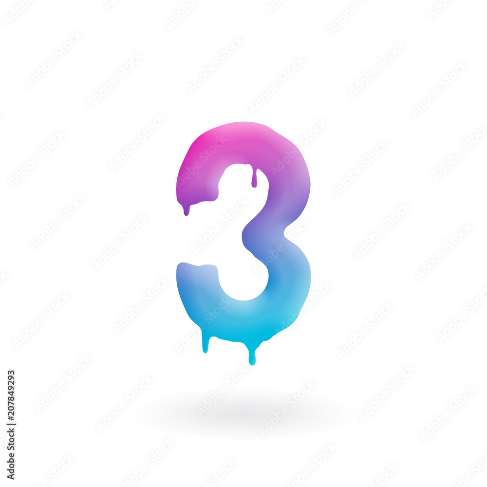 Number 3 logo. Colored paint three icon with drips. Dripping liquid ...